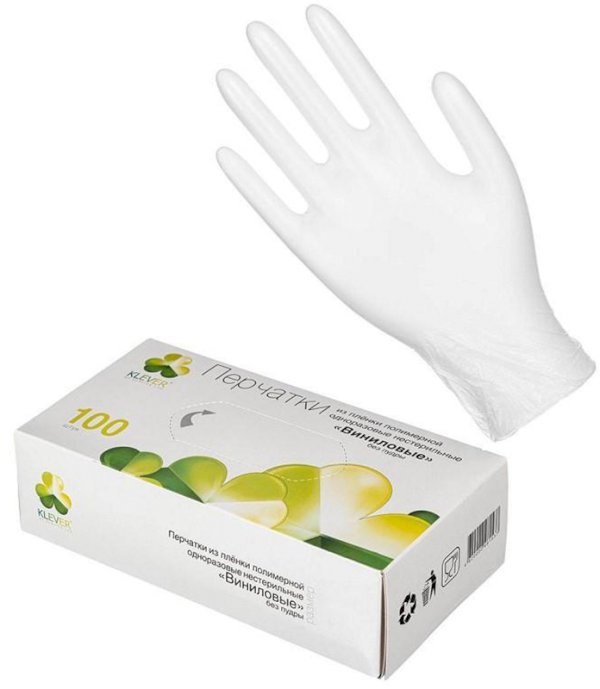 Перчатки виниловые неопудренные Klever, размер XL, прозрачные, 100 штук ...