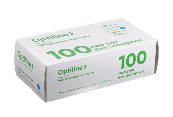 Перчатки нитриловые одноразовые Optiline, голубые, размер M, 200 штук в ...