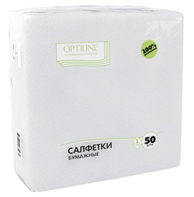 Салфетки бумажные Optiline, 1-слойные, 33х33 см, 50 листов, белые ...